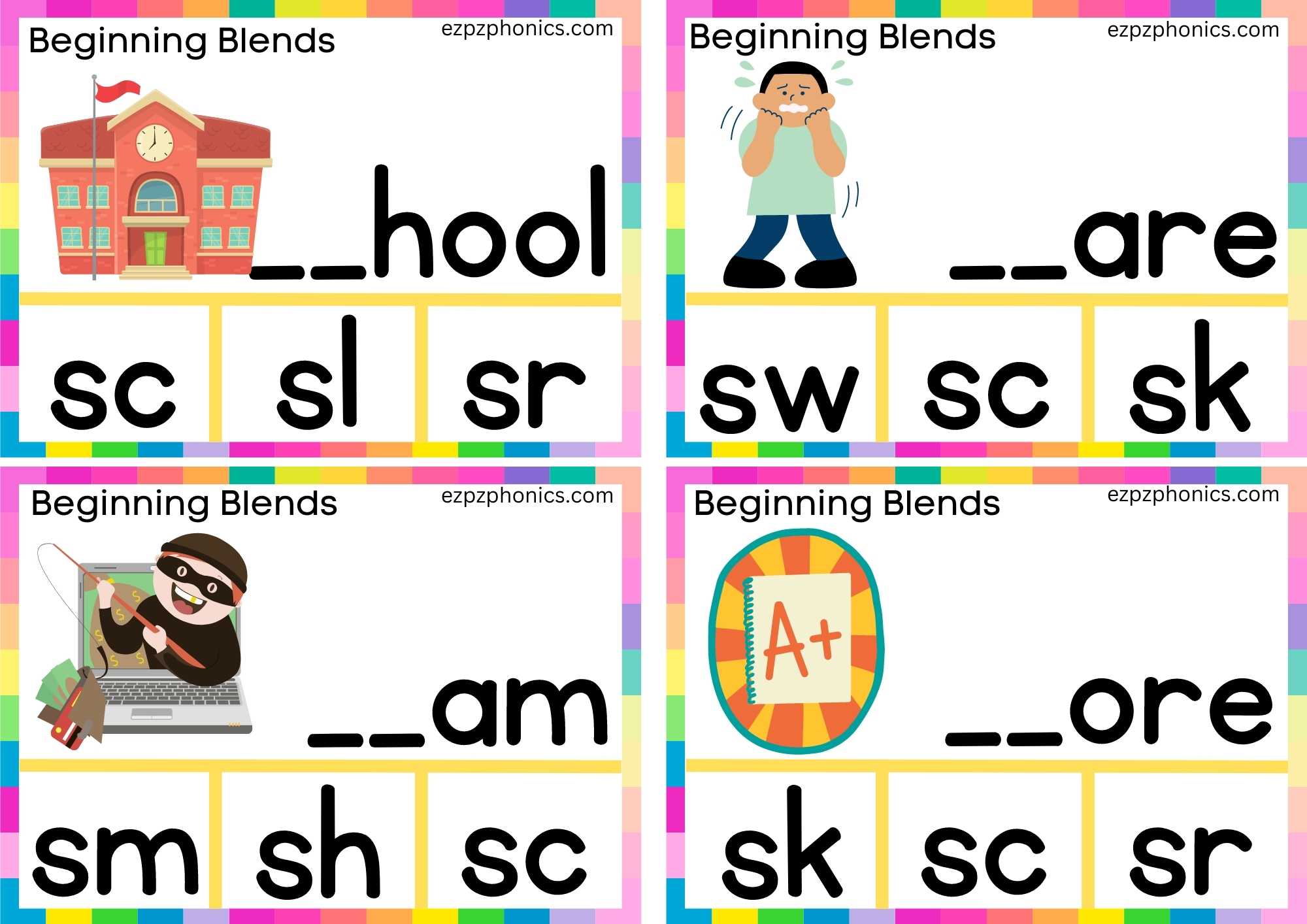 SC Beginning Blends Clip Cards Finish The Words And Clip The Correct Letters Set 2 - ezpzphonics.com